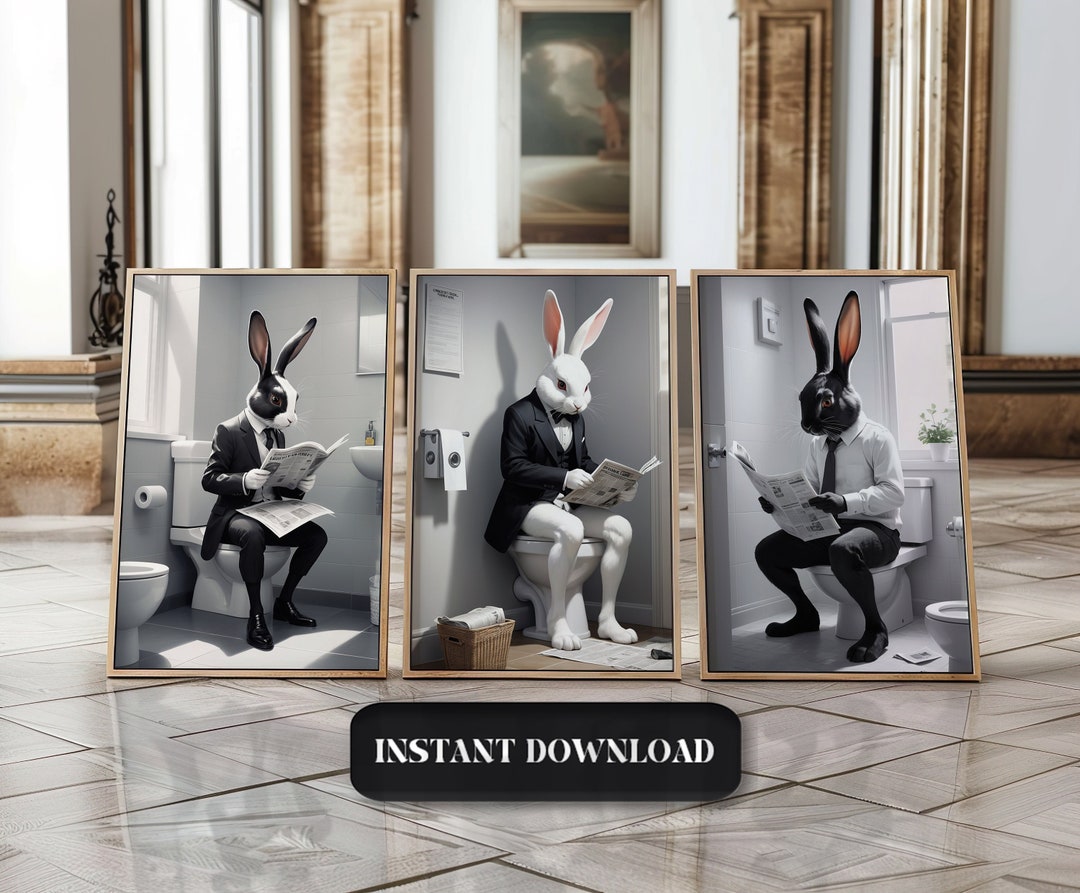 Rabbit Potty, Bunny Toilet, Funny Bathroom Print, Animal in Bathtub ...