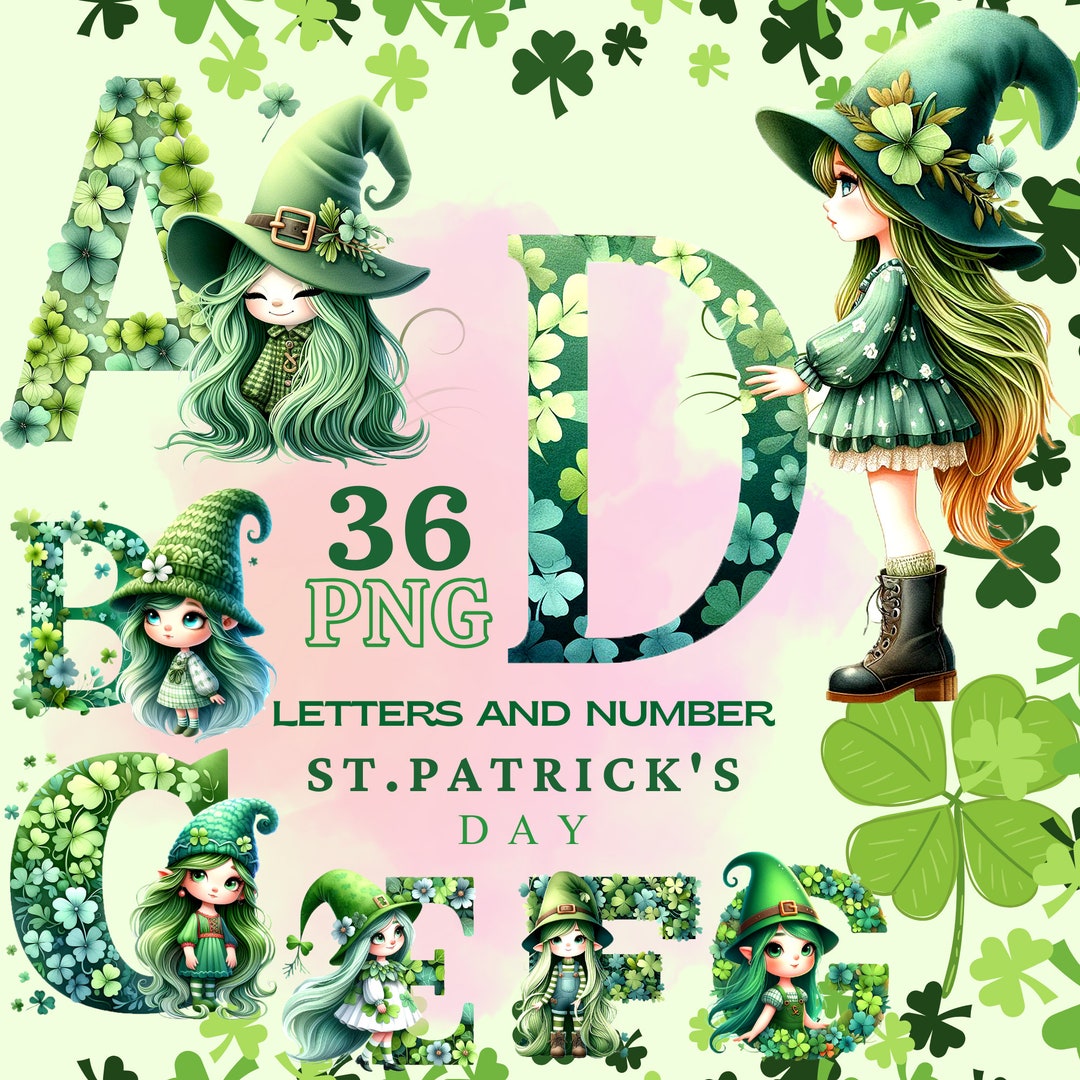 36 PNG Alphabet Clipart Set, St. Patrick's Day, Cute Girl Long Green ...