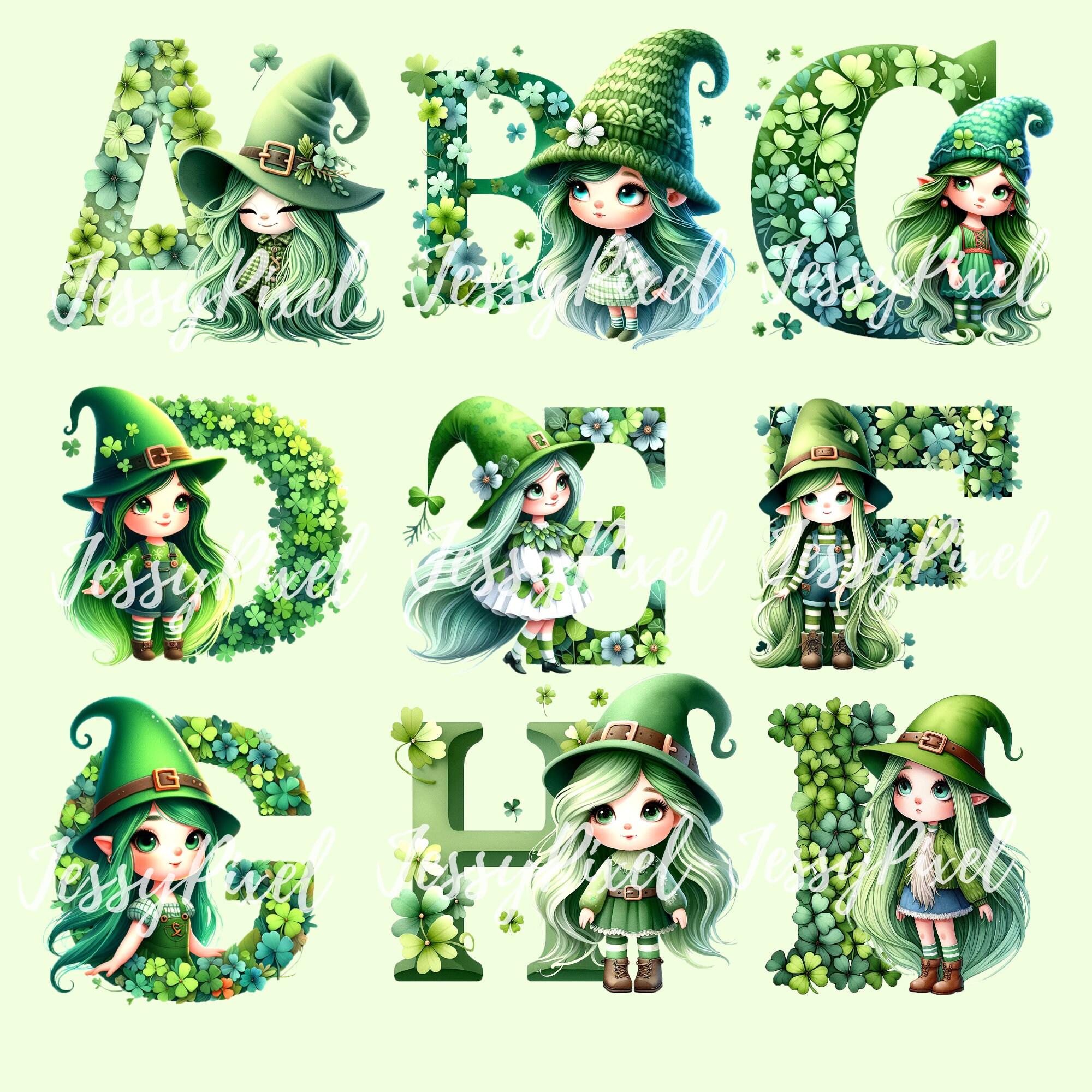 36 PNG Alphabet Clipart Set, St. Patrick's Day, Cute Girl Long Green ...