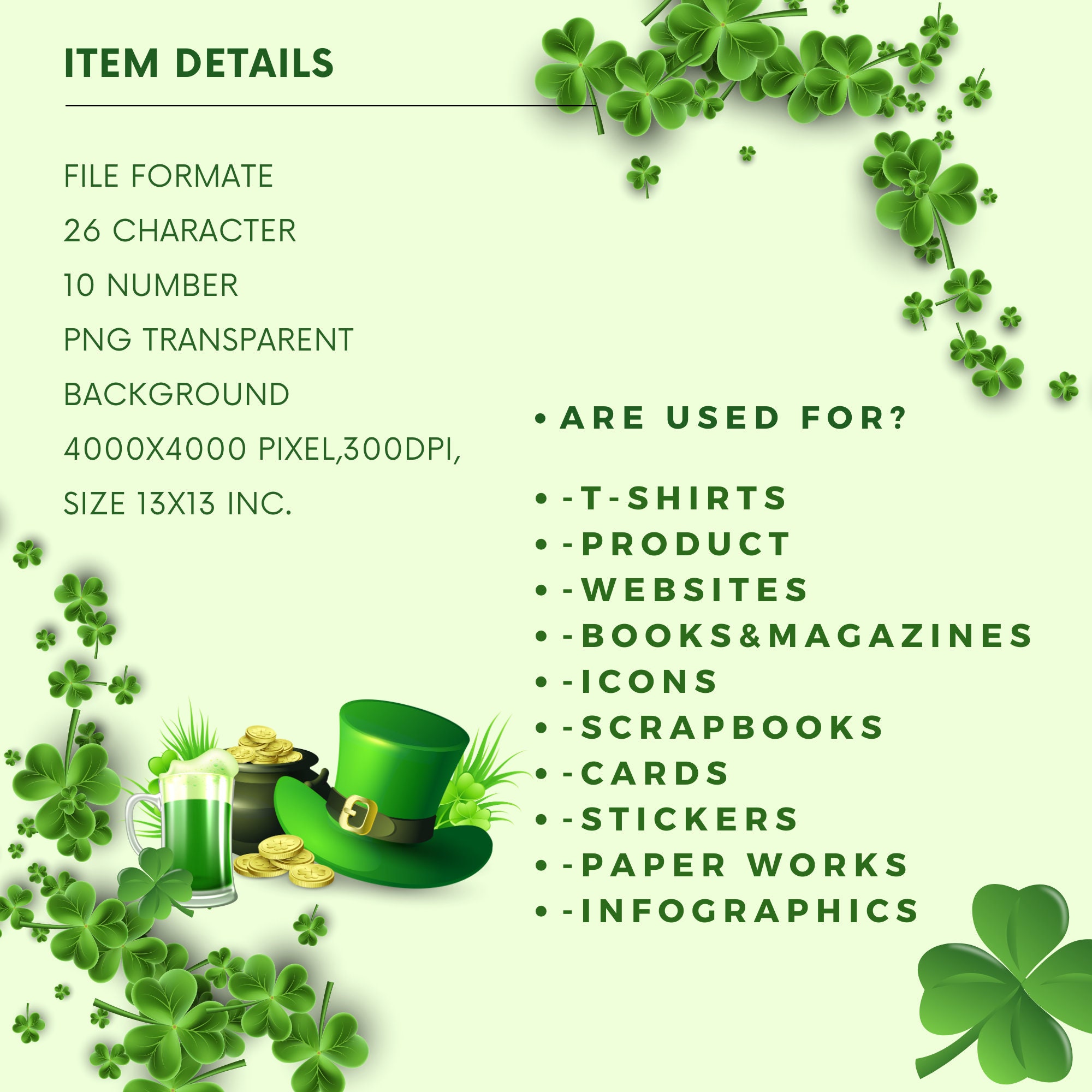36 PNG Letters Clipart Set, St. Patrick's Day, Green Hat and Leaf ...