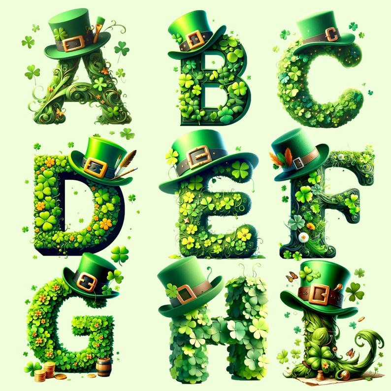 36 PNG Letters Clipart Set, St. Patrick's Day, Green Hat and Leaf ...