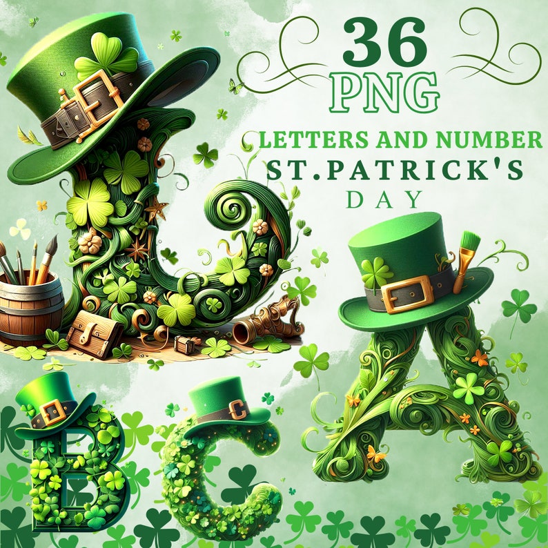 36 PNG Letters Clipart Set, St. Patrick's Day, Green Hat and Leaf ...