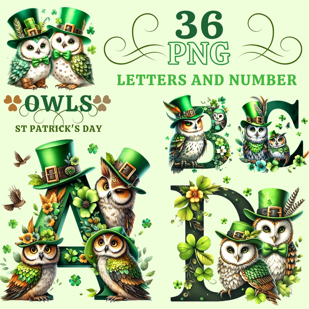 St. Patrick's Day Owl Letters Clipart, 36 PNG Alphabet (PNG Digital ...