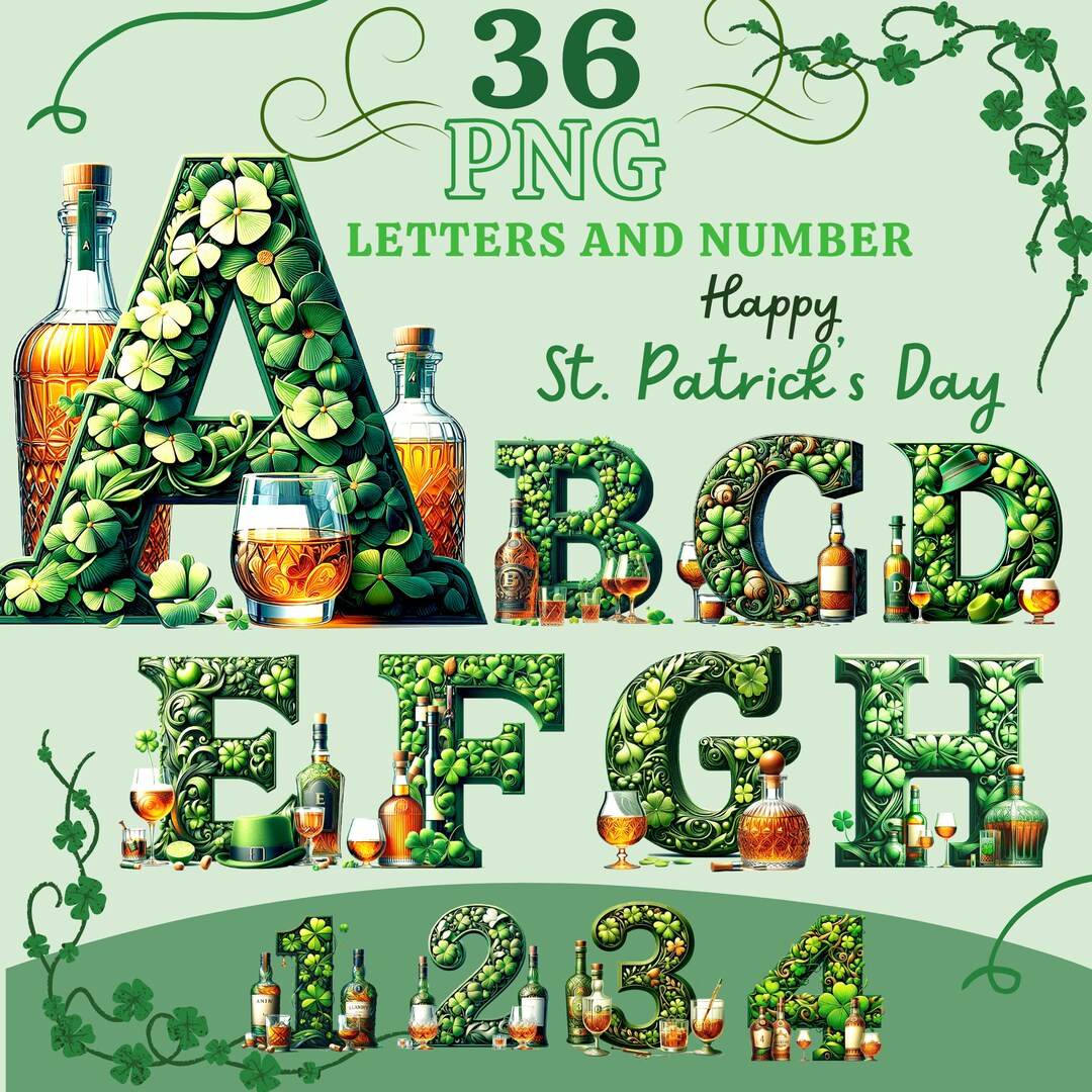 St. Patrick's Day Letters Clipart, Brandy Bottles, Clover Alphabet (PNG ...
