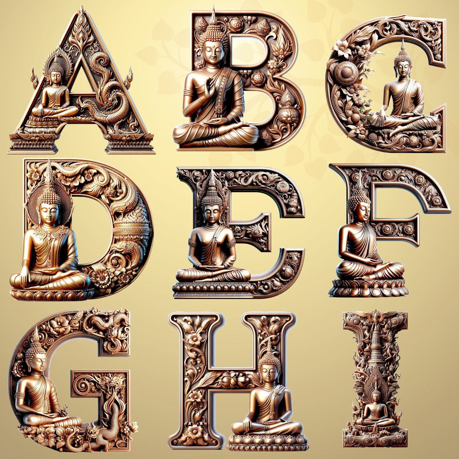 Thai Buddha Alphabet Clipart, Bronze Art Letters, 300 DPI (PNG Digital ...