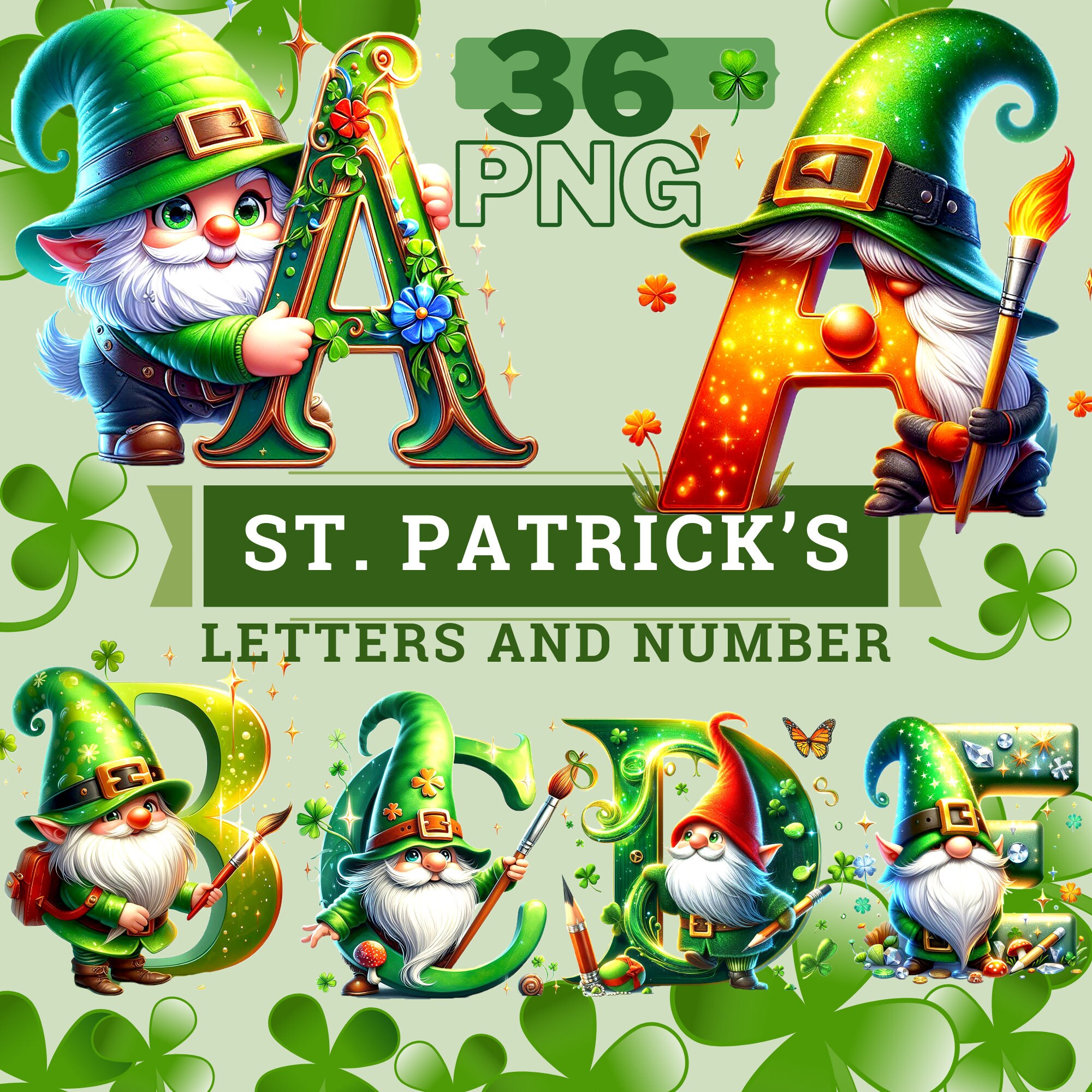 36 PNG Letters Clipart Set, St. Patrick's Day, Gnome Alphabet, 300DPI ...