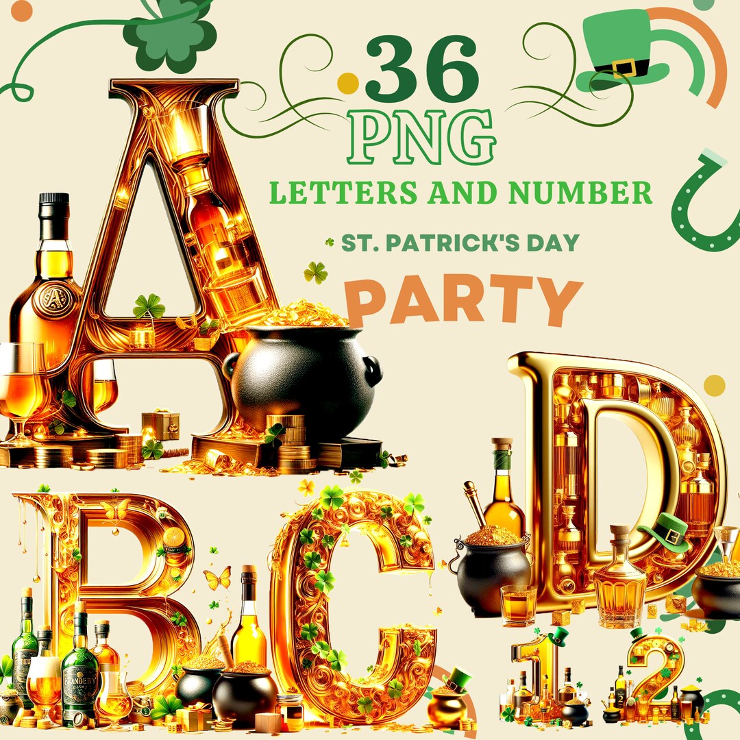 36 PNG Letters Clipart Set, St. Patrick's Day, Brandy Bottle and Glass ...