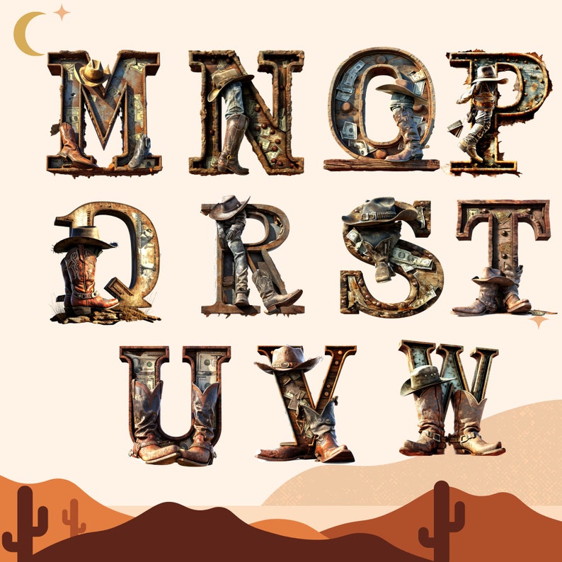 Western Cowboy Letters Clipart, Watercolor Alphabet PNG (PNG Digital ...