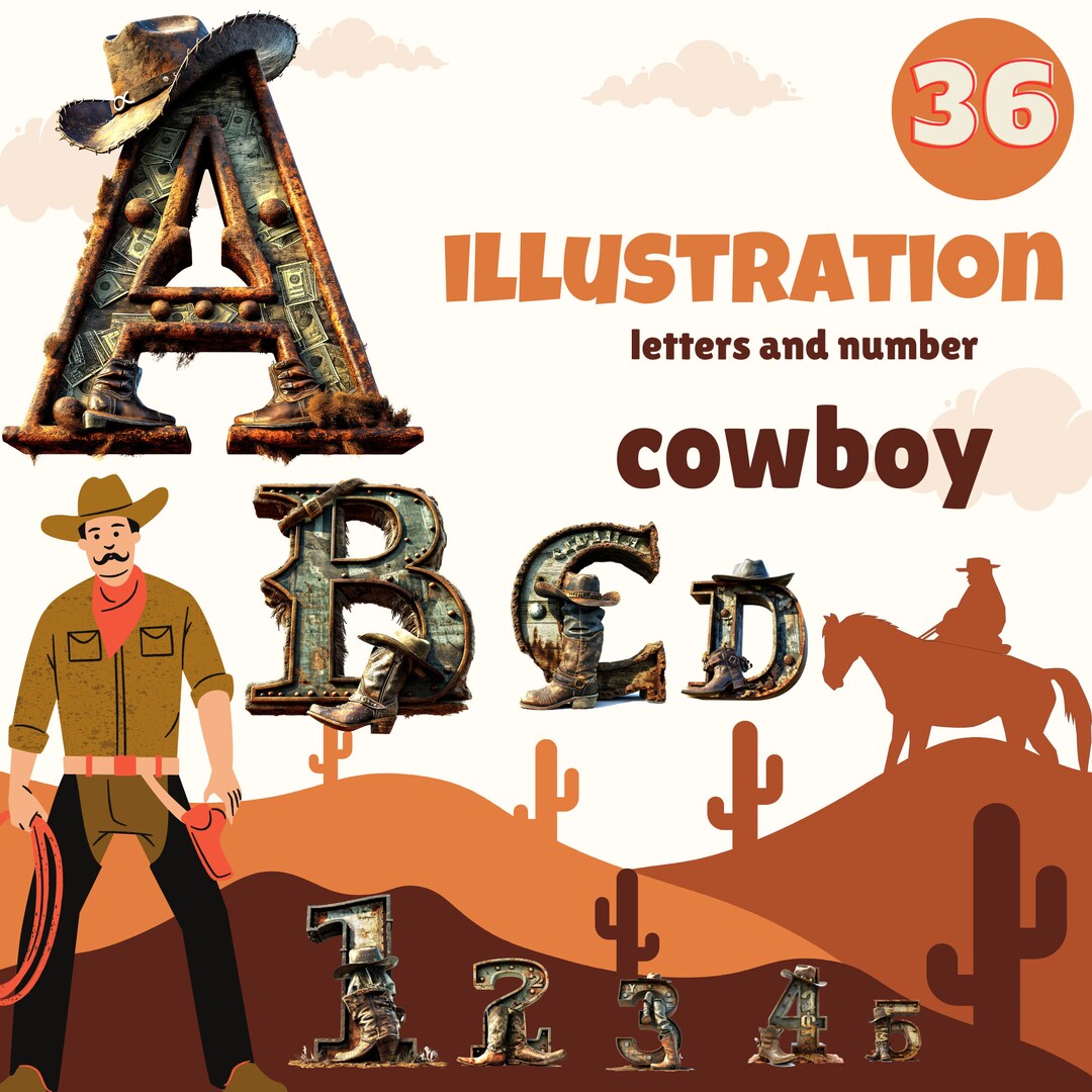 Buy 36 PNG Letters Clipart, Western Png, Clipart, Bundle of Letters ...