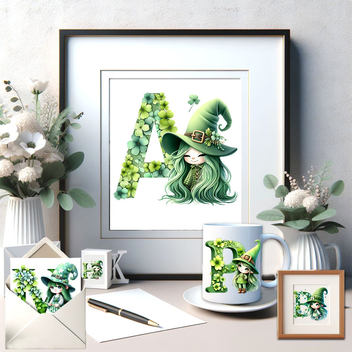 36 PNG Alphabet Clipart Set, St. Patrick's Day, Cute Girl Long Green ...