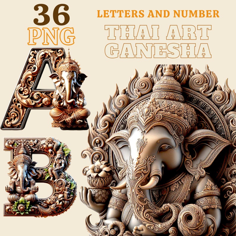 36 PNG Alphabet Clipart Set, Ganesha and Thai Art Letters, 300DPI, 4000 ...