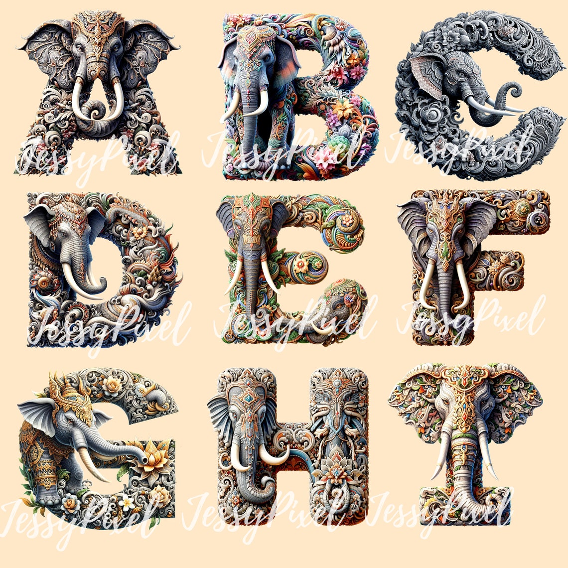 36 PNG Alphabet Clipart Set, Elephant and Thai Art Letters, 300DPI ...