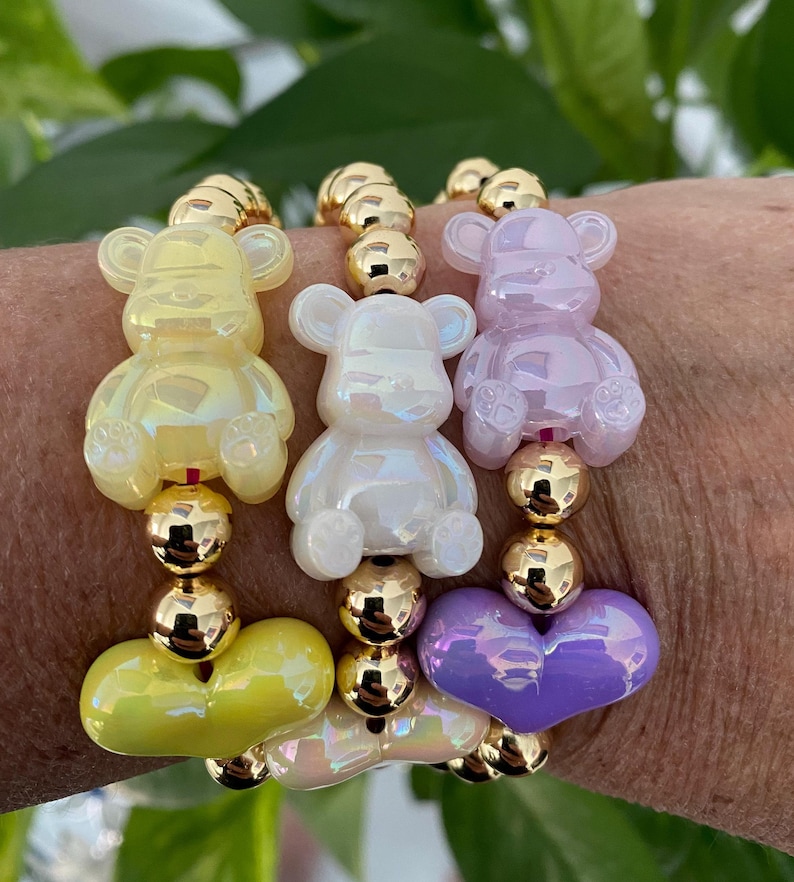 Teddy Bear Bracelet Acrylic Gold Beaded Bracelet Colorful Bear and ...