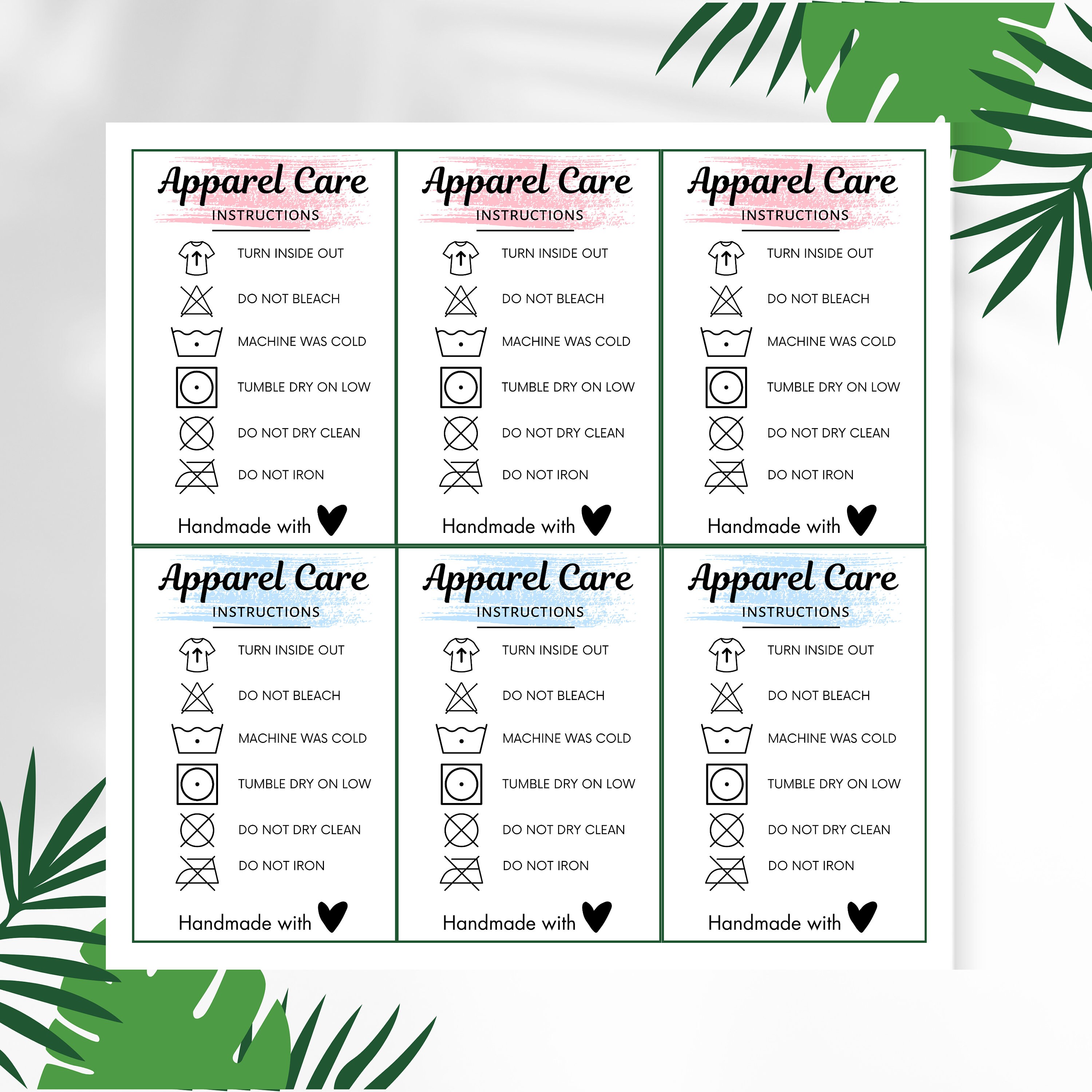 Apparel Care Card Template, Custom Washing Instructions, Clothing Care ...