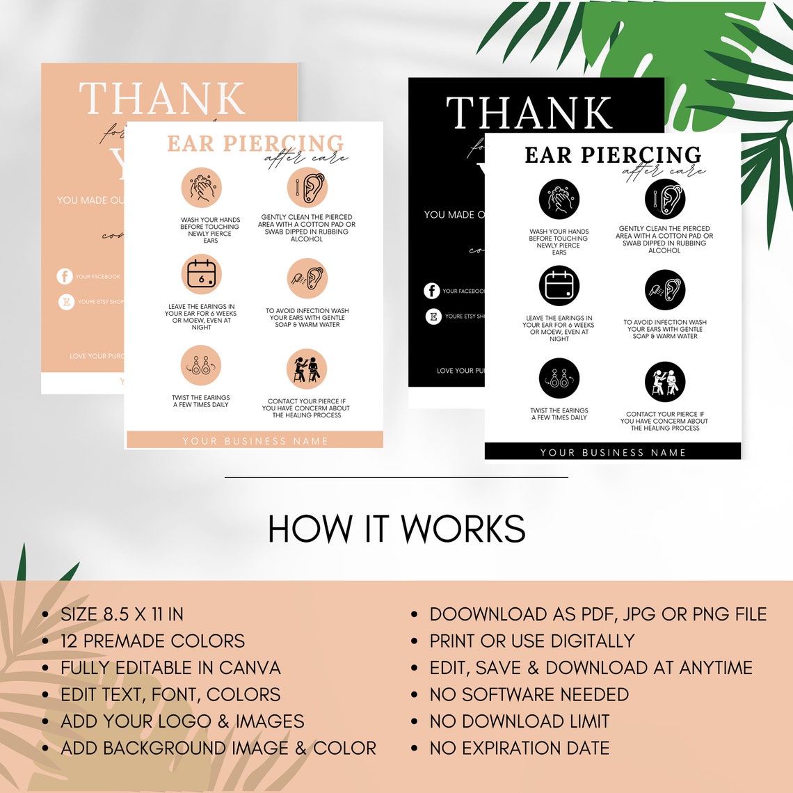 Ear Piercing Care Card 12 Bundle Care Instruction Card Small Business ...