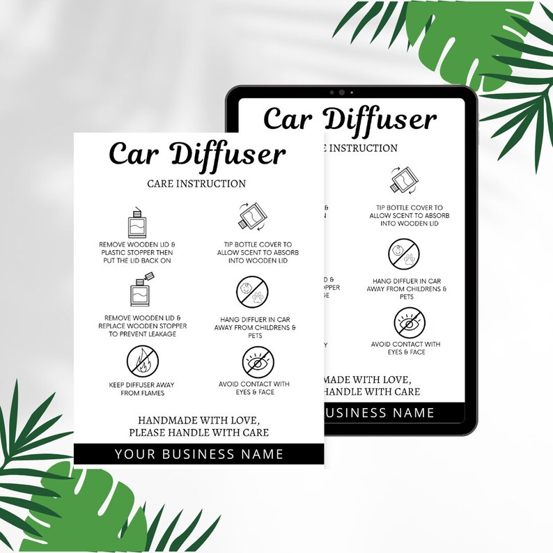 Editable Car Diffuser Care Card Template, Instructional Packaging ...