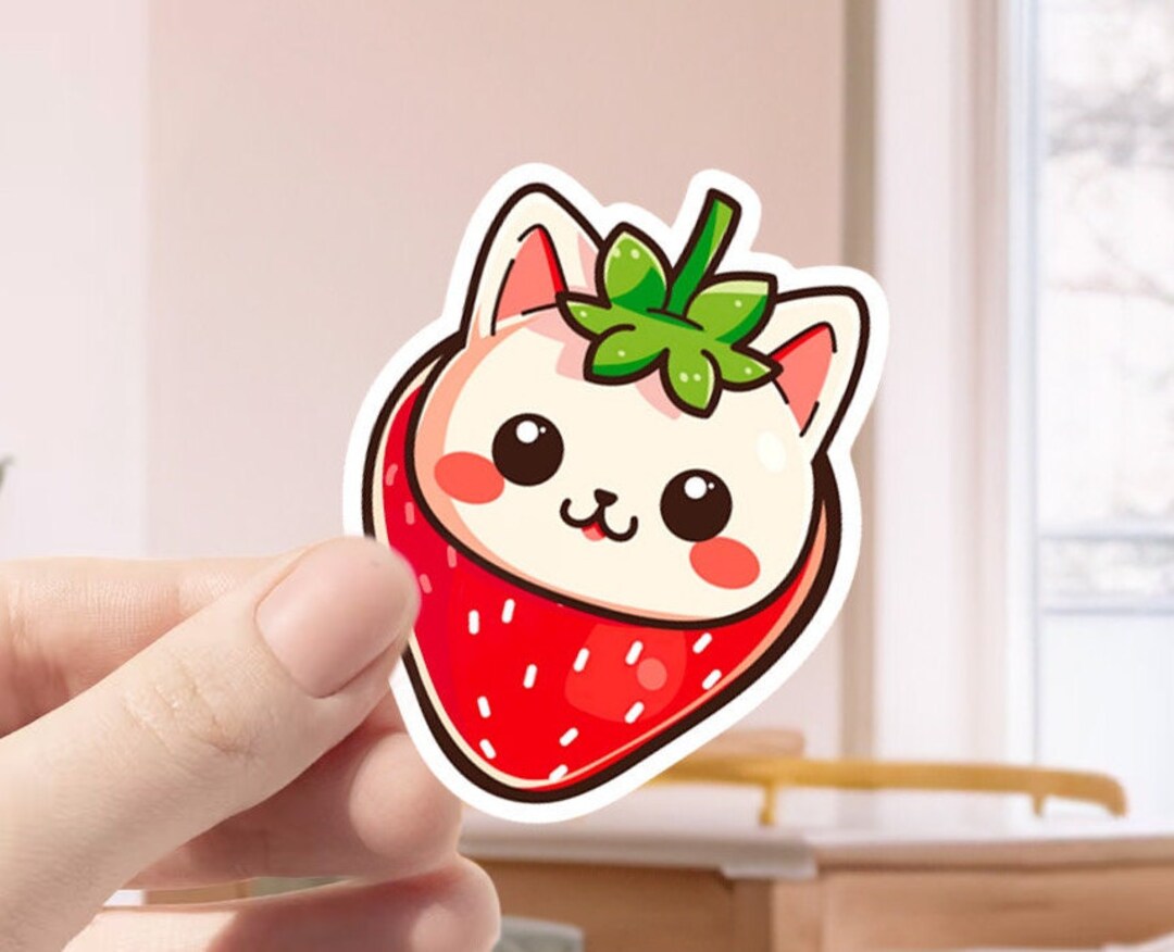 Adorable Strawberry Cat Sticker, Cute Transparent Cartoon Vinyl Sticker ...