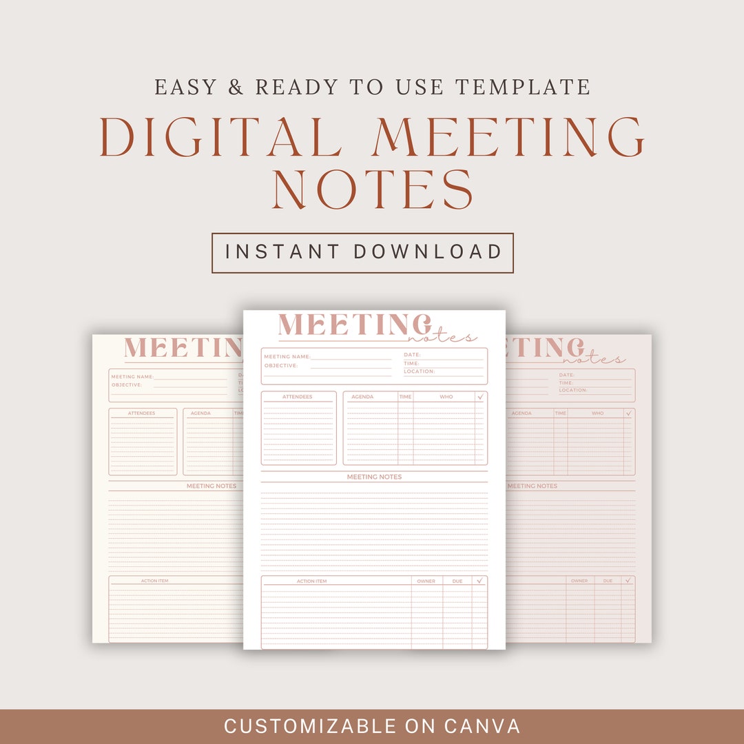 Digital Meeting Notes Template Printable Meeting Agenda Business Note ...