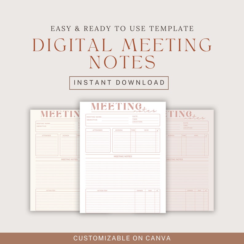 Digital Meeting Notes Template Printable Meeting Agenda Business Note ...