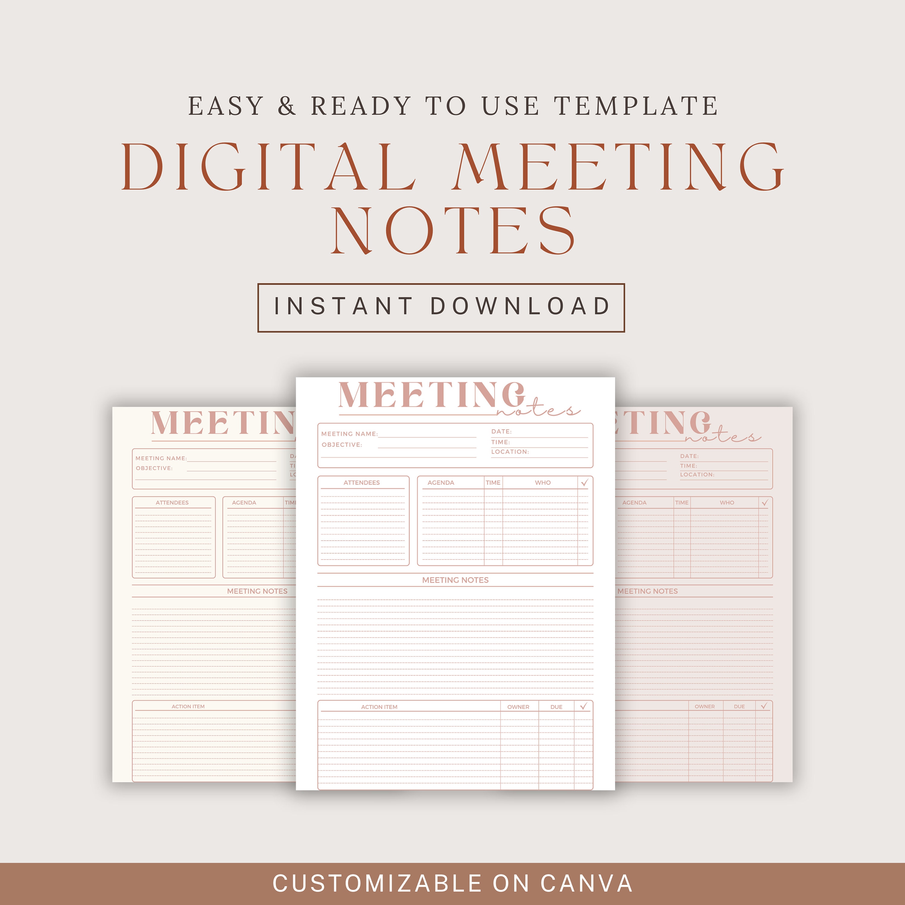 Digital Meeting Notes Template Printable Meeting Agenda Business Note ...