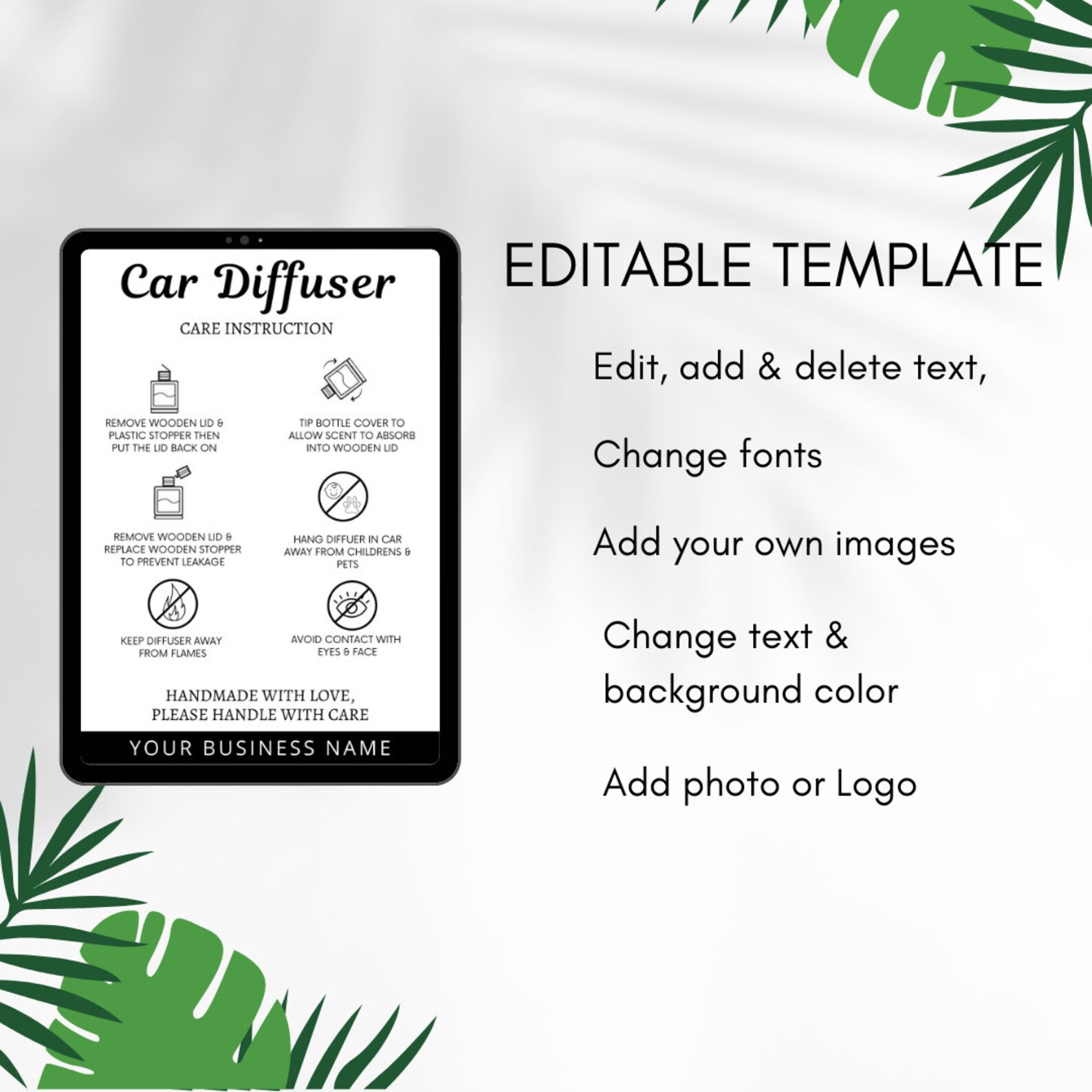 Editable Car Diffuser Care Card Template, Instructional Packaging ...