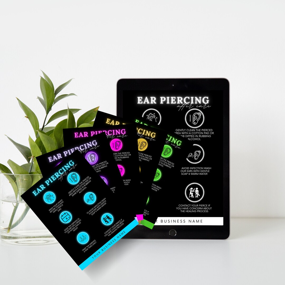 Printable Ear Piercing Instructional Care Card Neon Theme, 12 Bundle ...