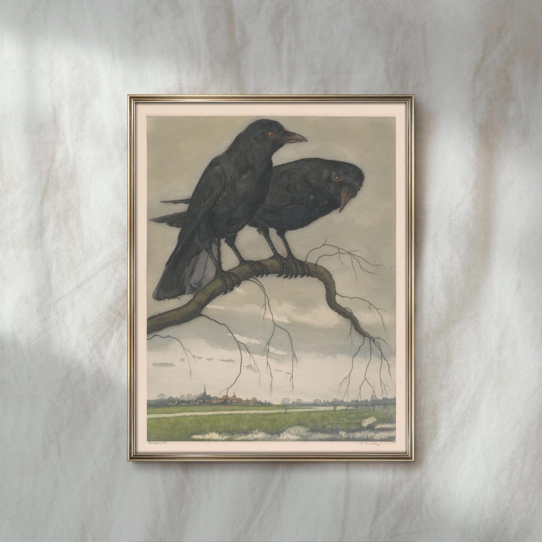 Vintage Crow Pair Painting | Antique Wildlife Artwork | Gothic Bird ...