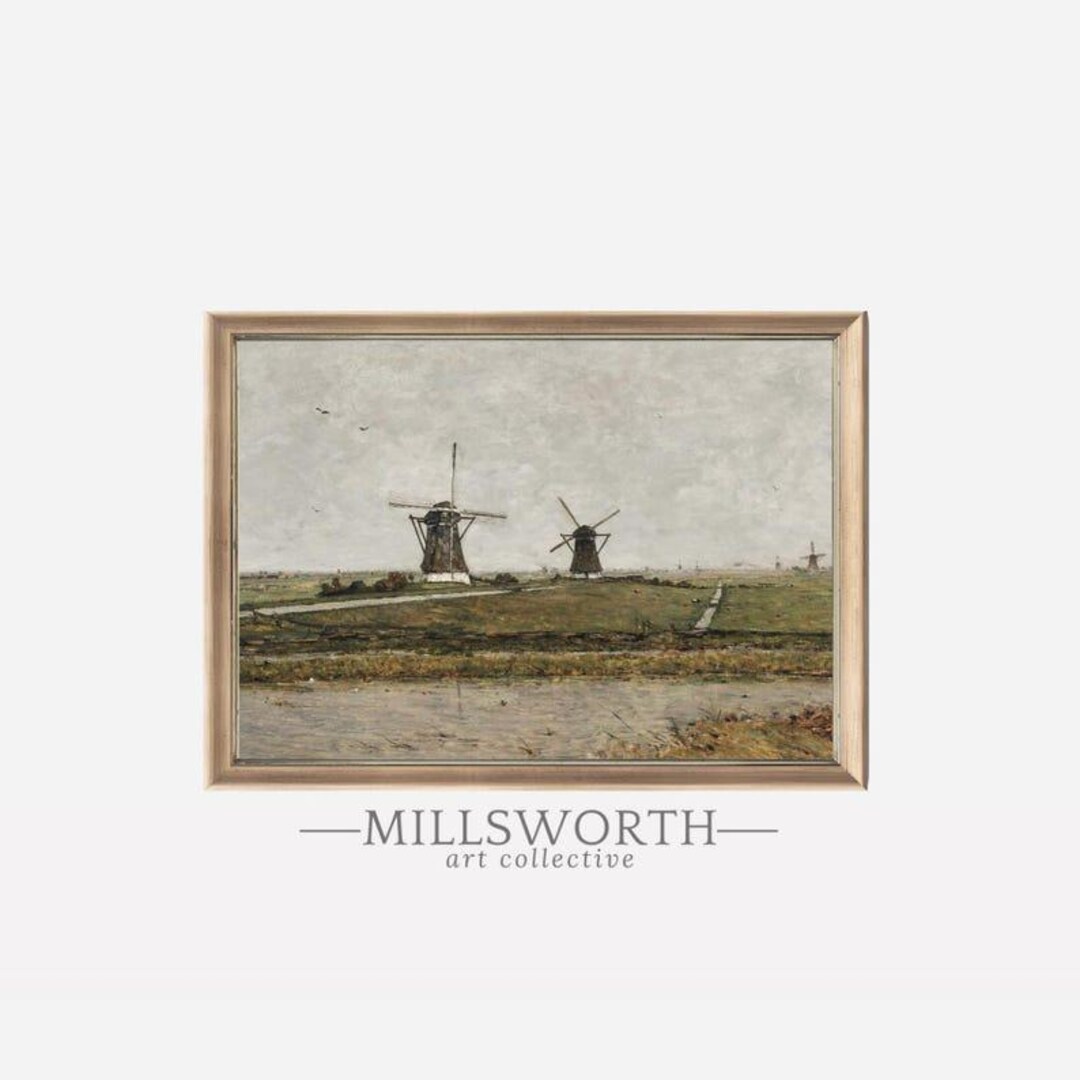 Vintage Windmill Canvas Painting Country Landscape Printable Antique ...