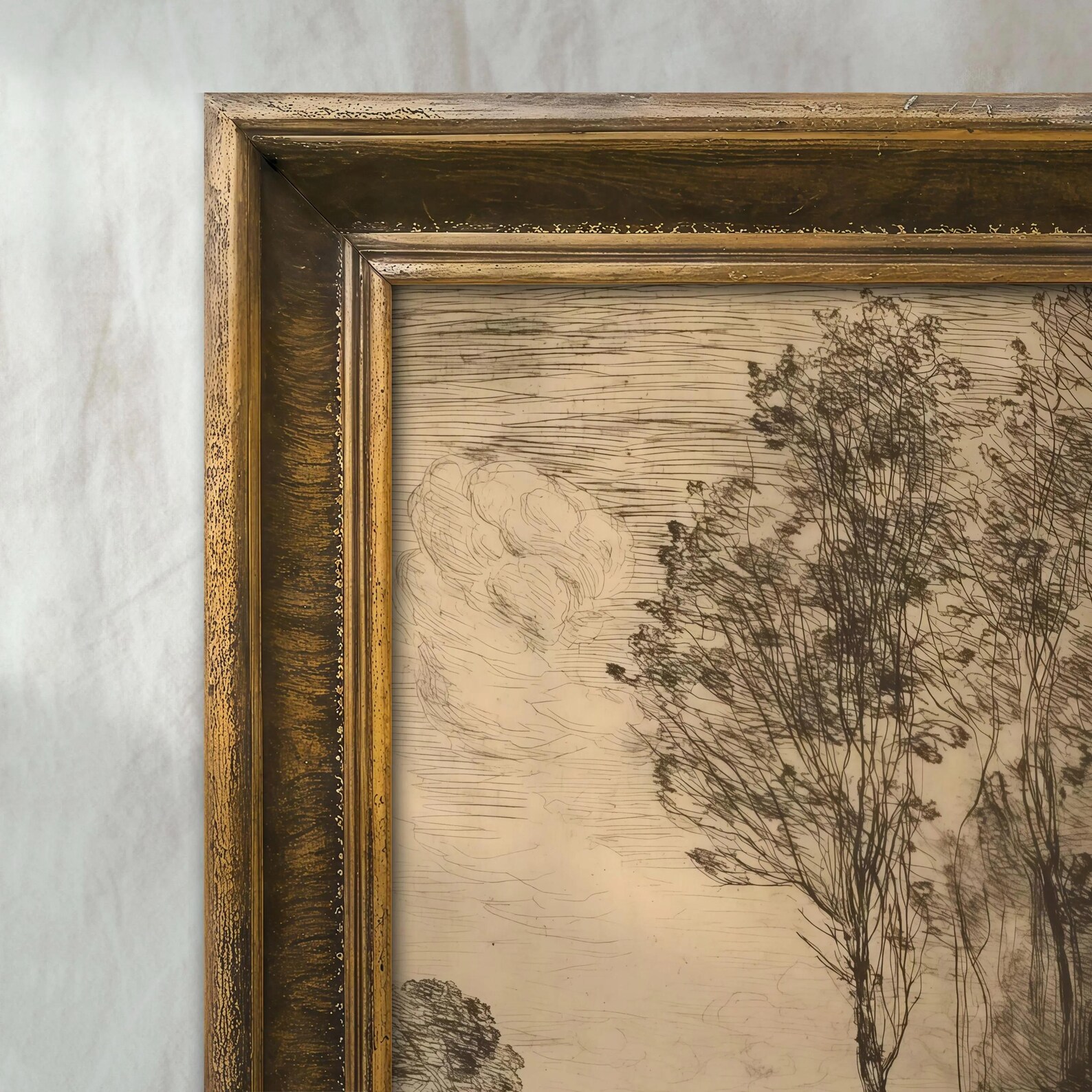Rustic Forest Landscape Drawing | Vintage Earthy Toned Tree Wall Art ...