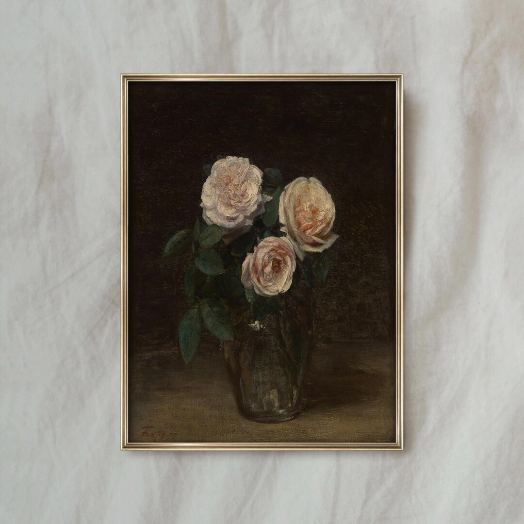 Vintage Rose Bouquet Painting | Antique Flower Artwork | Rustic Floral ...