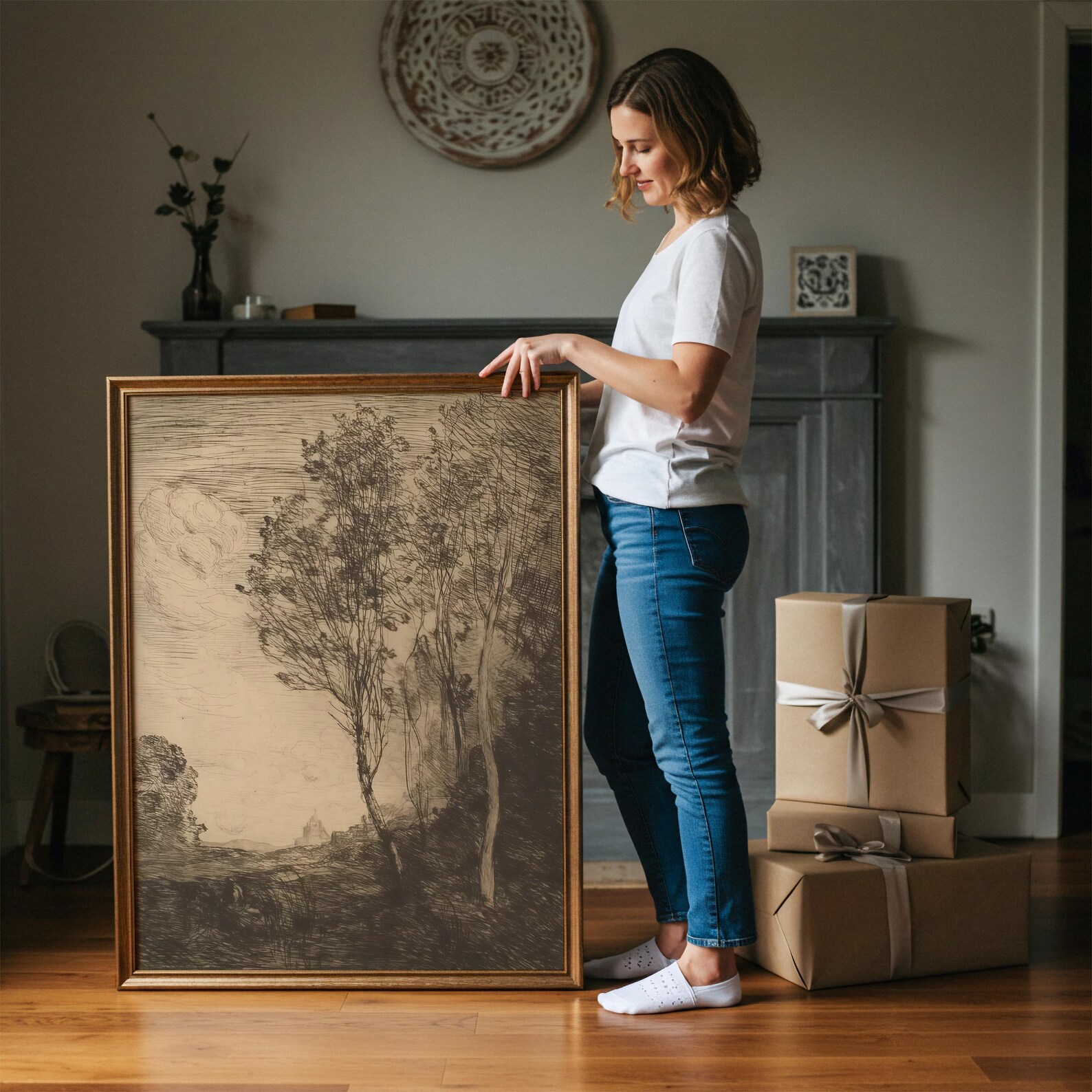 Rustic Forest Landscape Drawing | Vintage Earthy Toned Tree Wall Art ...