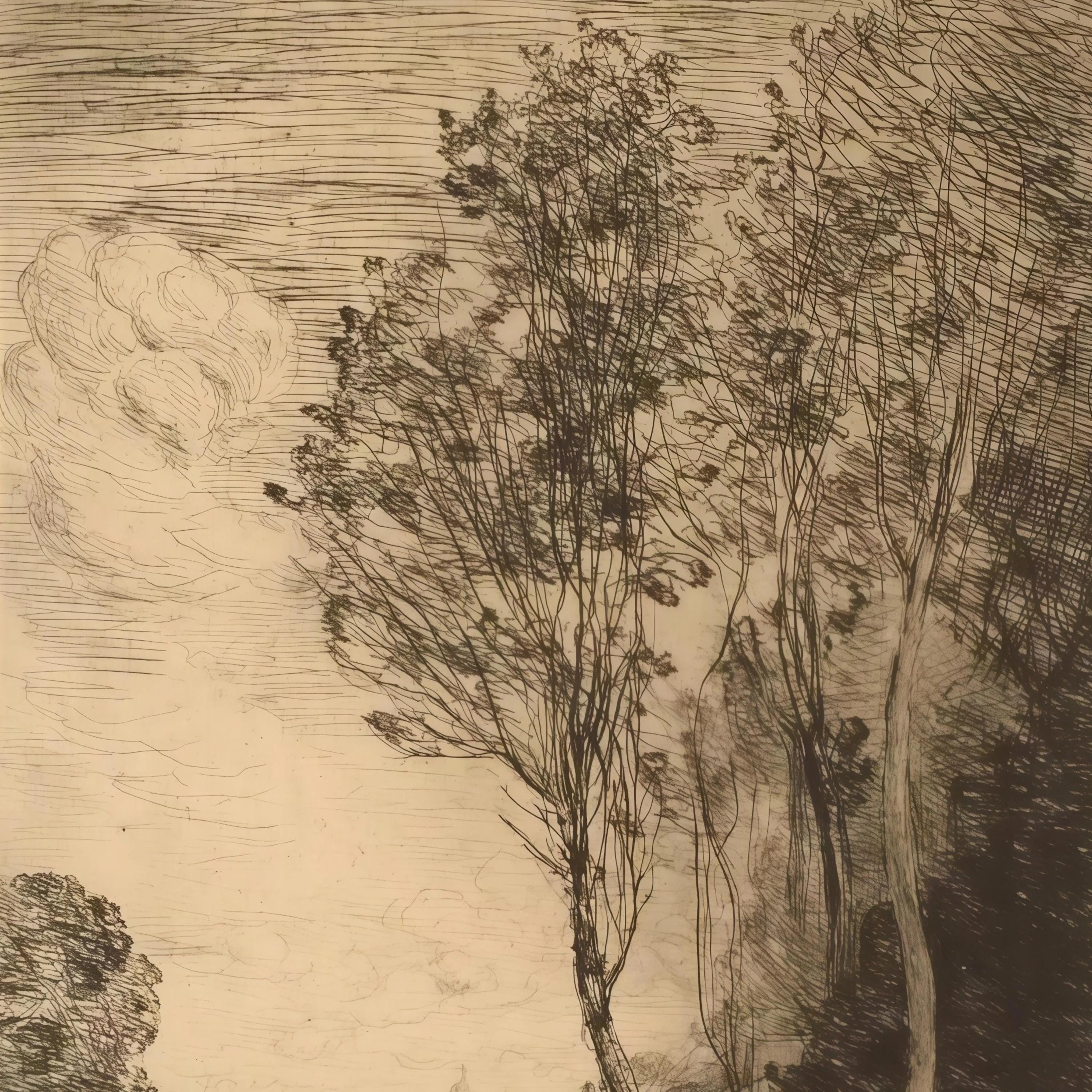 Rustic Forest Landscape Drawing | Vintage Earthy Toned Tree Wall Art ...