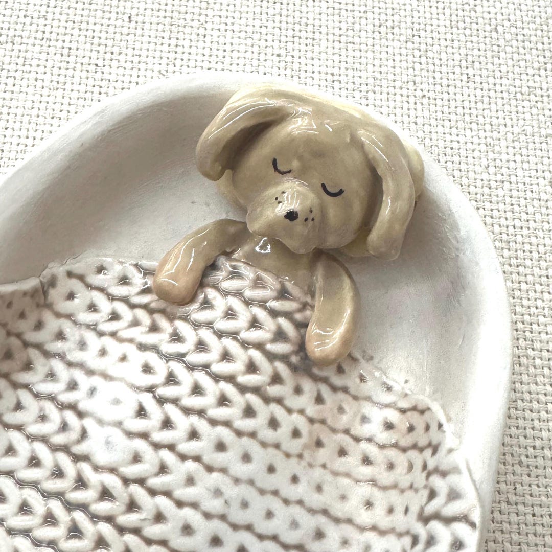 Handmade Tucked in Sleepy Time Puppy Dog Dish Plate Catch-all Pip Pip ...