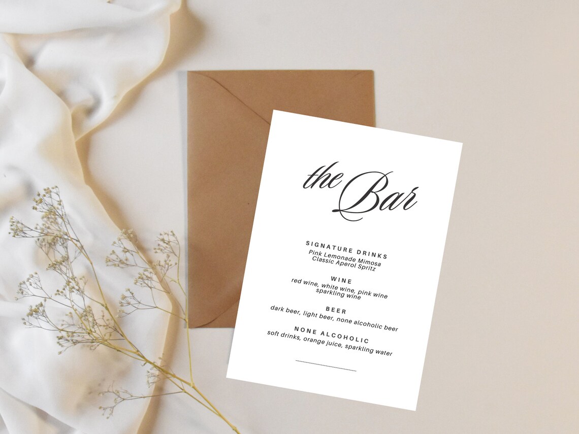 Modern Wedding Bar Menu Template, 8x10 Minimalist Bar Menu, Wedding ...