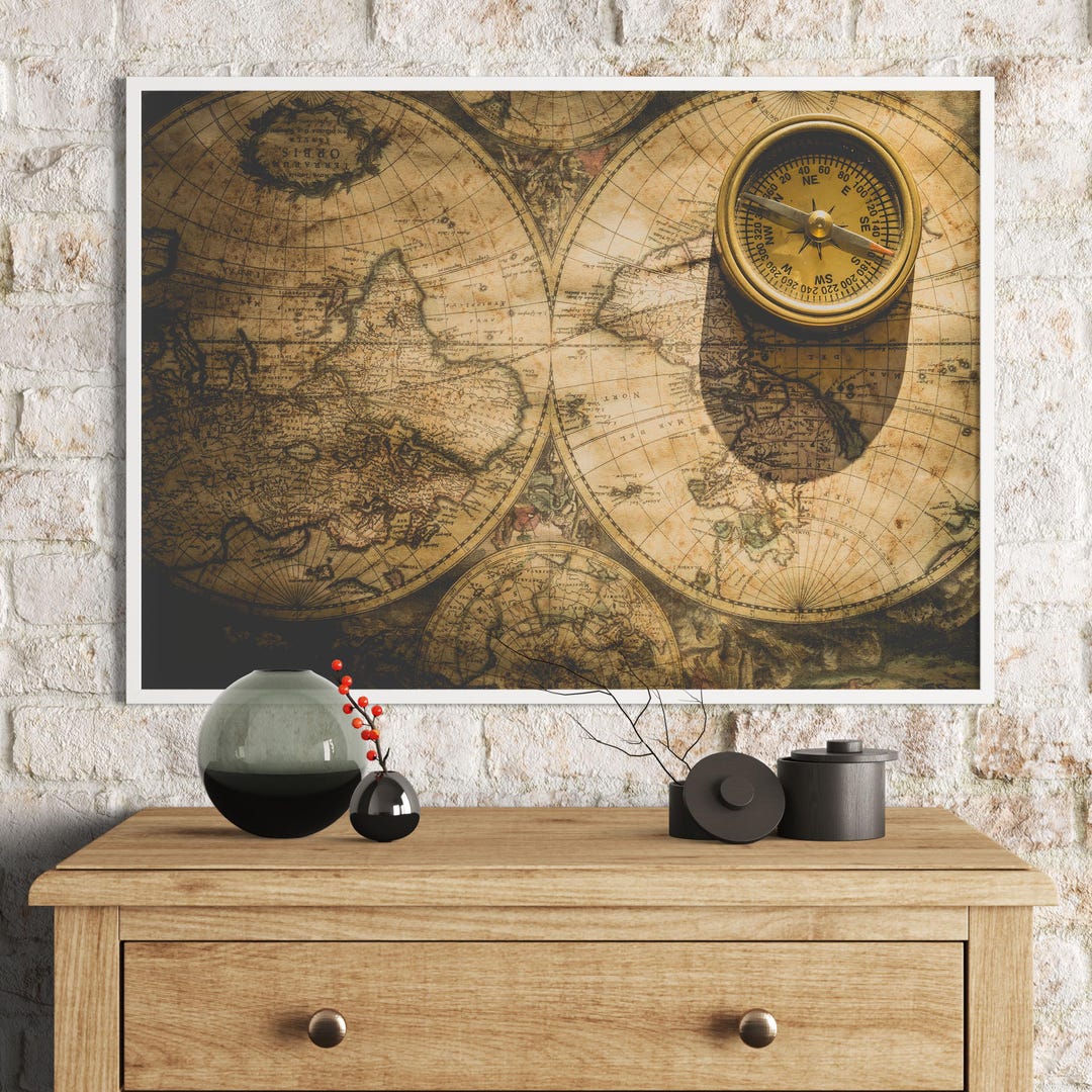 Old World Map Canvas Art, Compass Wall Decor, Historical Poster ...
