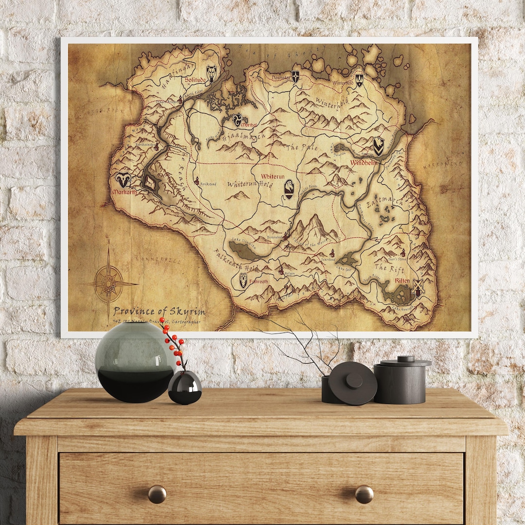 Skyrim Map Print, the Elder Scrolls Map, Map of Tamriel Canvas ...