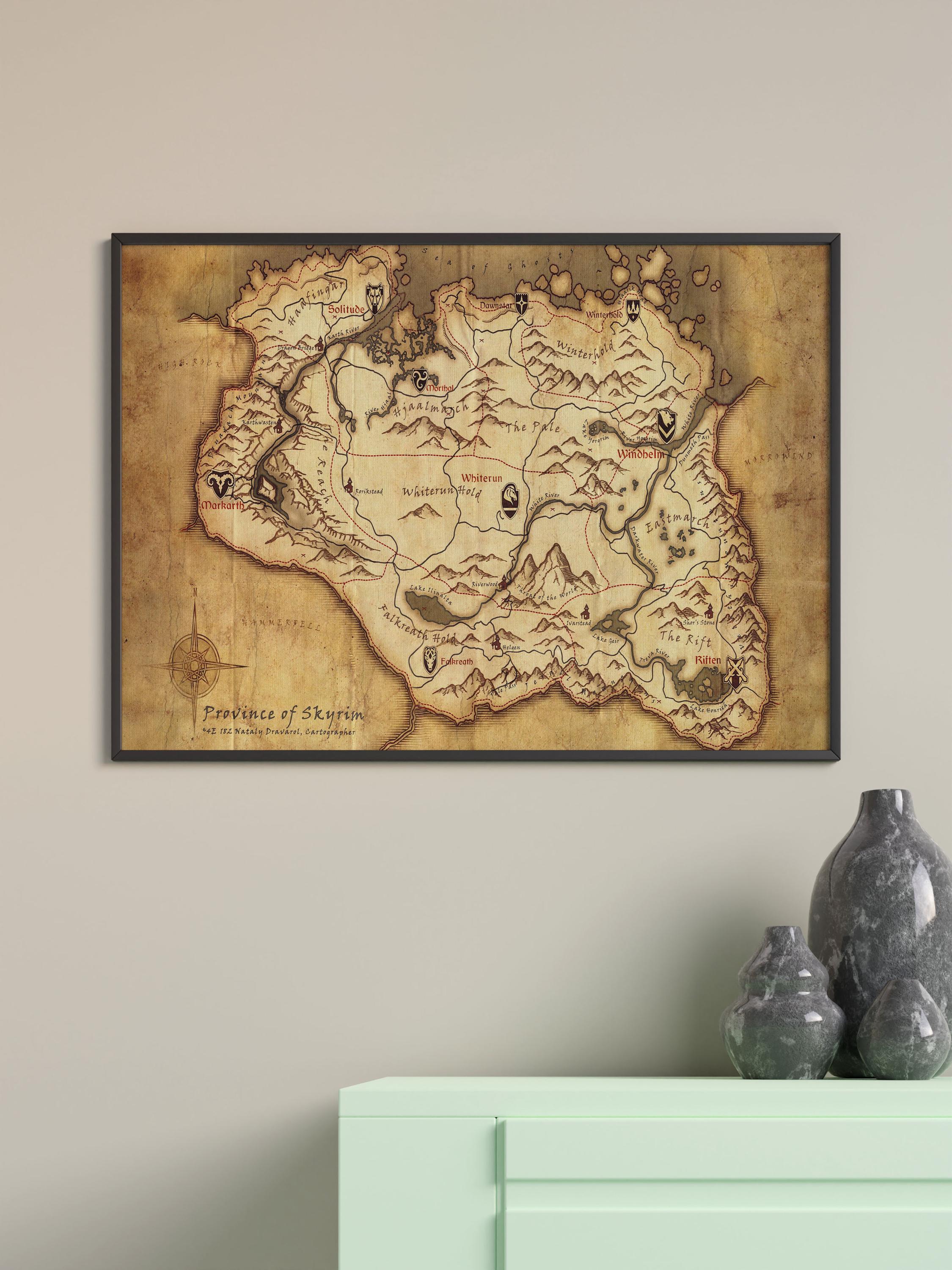 Skyrim Map Print, the Elder Scrolls Map, Map of Tamriel Canvas ...