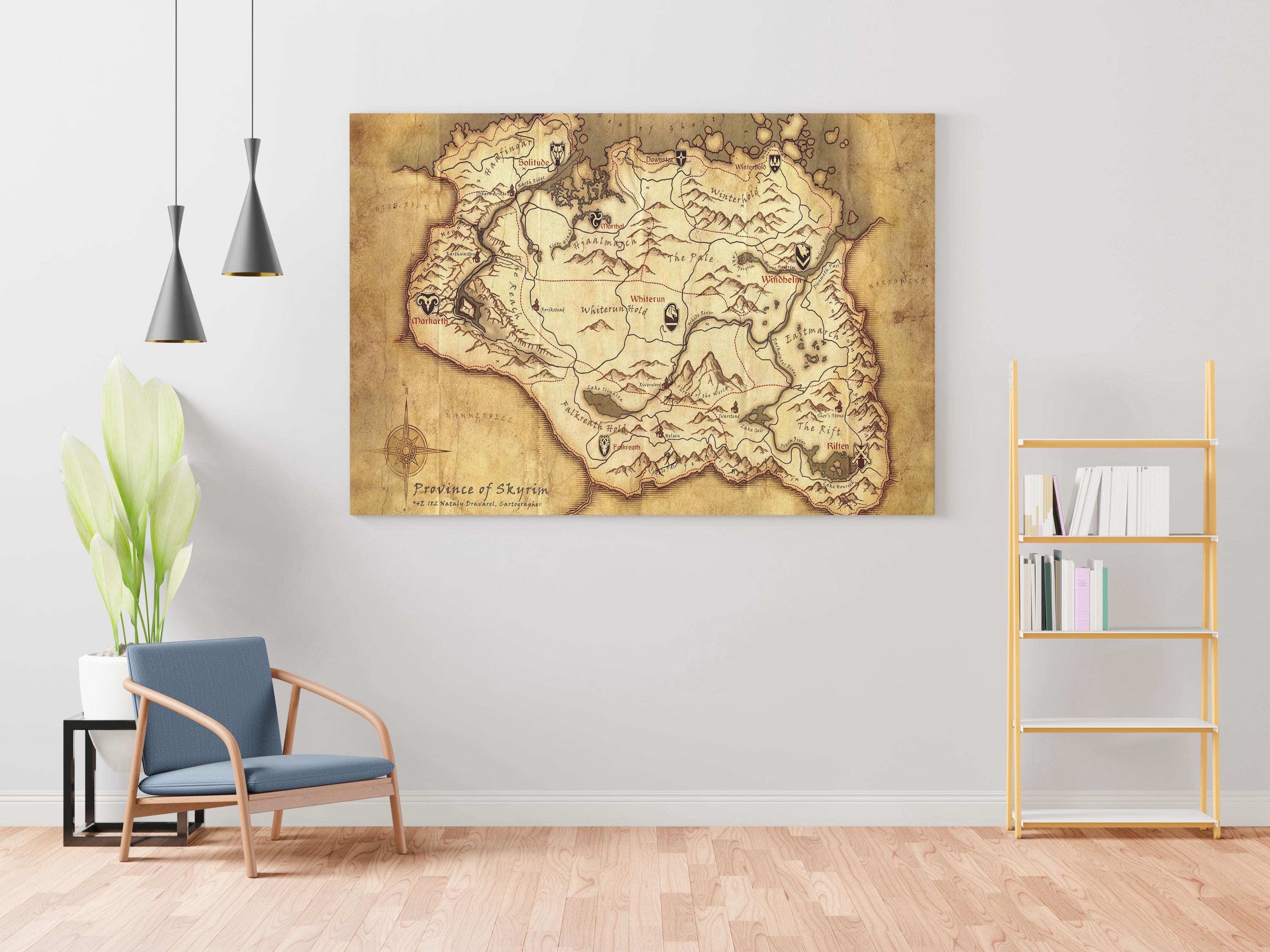 Skyrim Map Print, the Elder Scrolls Map, Map of Tamriel Canvas ...