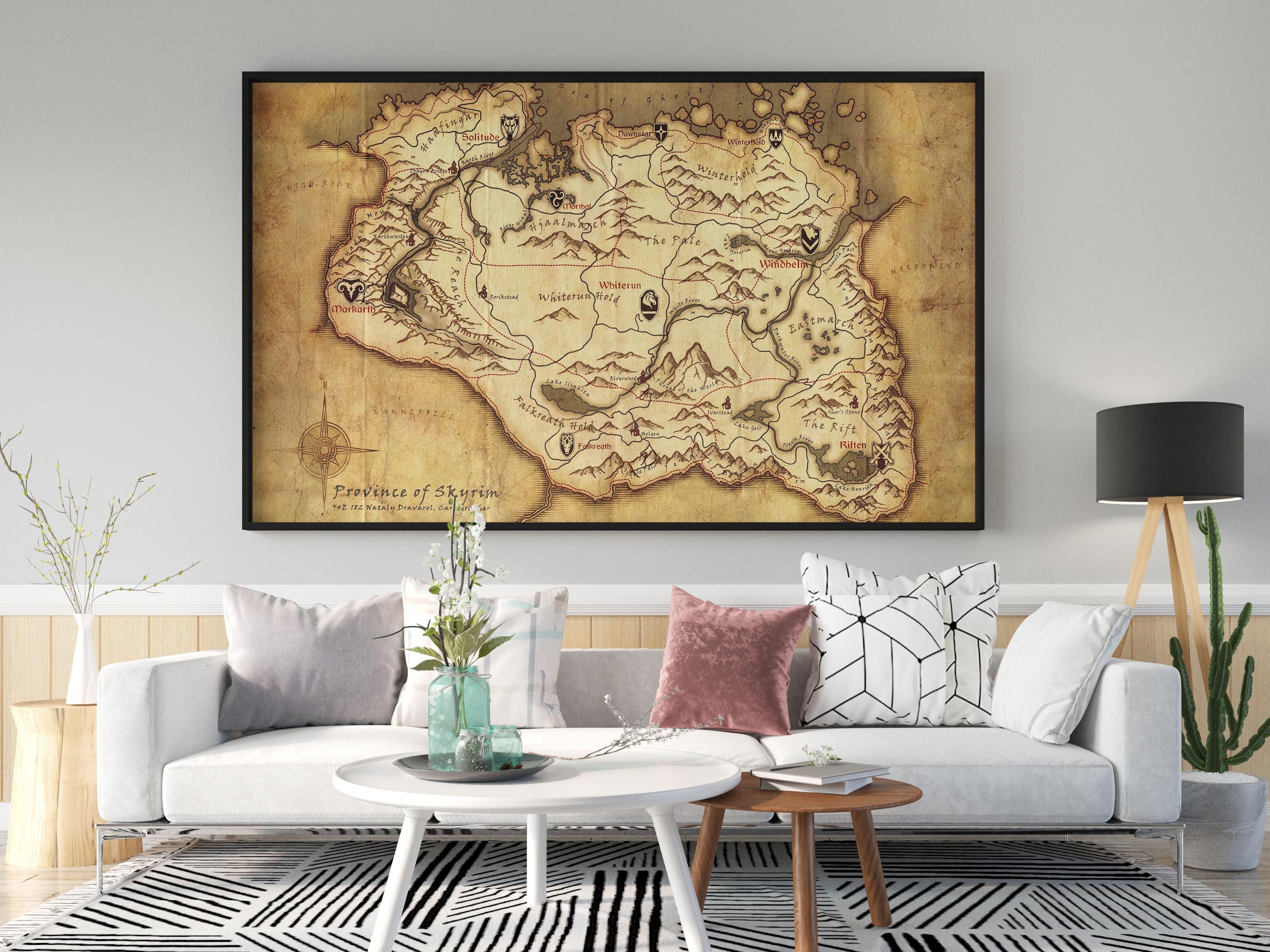 Skyrim Map Print, the Elder Scrolls Map, Map of Tamriel Canvas ...