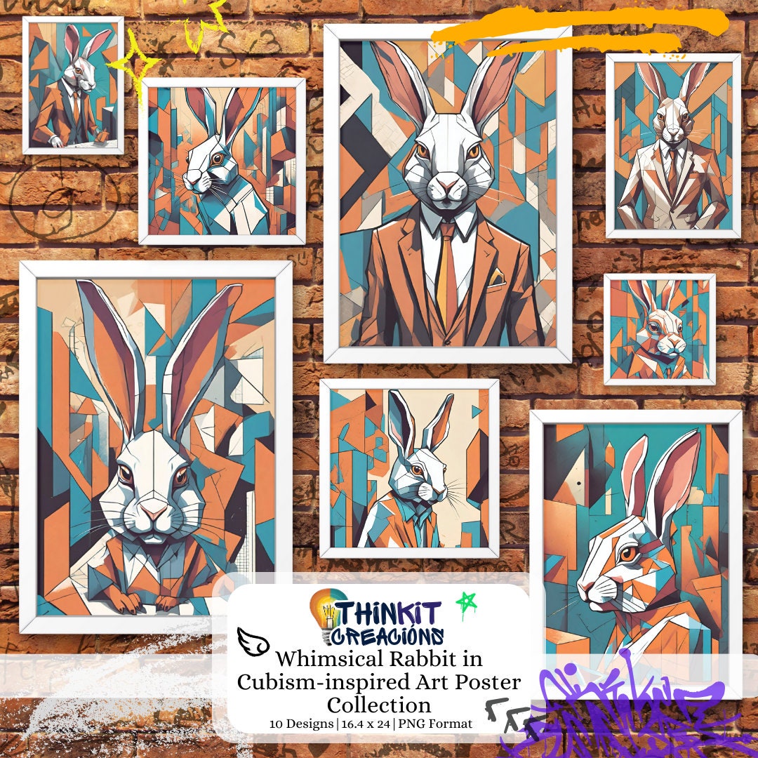 Cubism Rabbit Art Prints Geometric Bunny Wall Decor Cyan and Orange ...