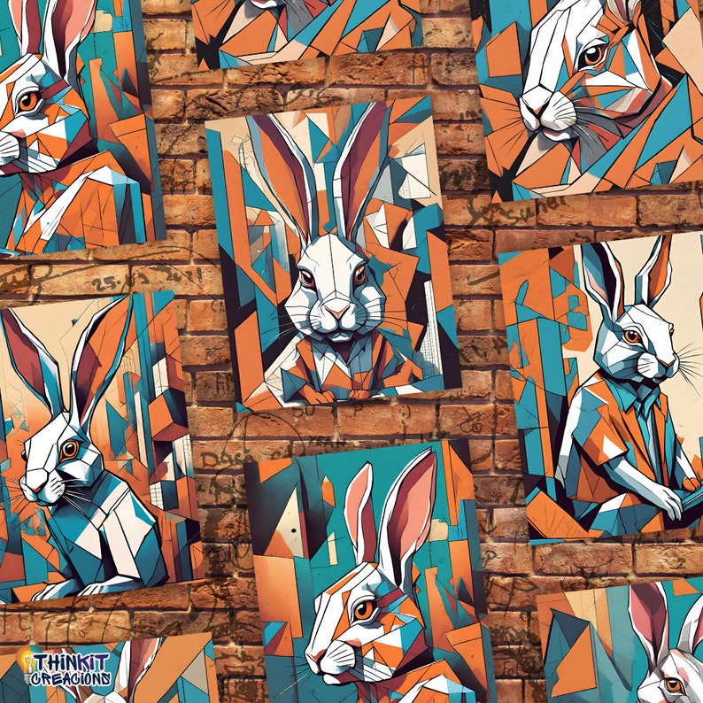 Cubism Rabbit Art Prints Geometric Bunny Wall Decor Cyan and Orange ...