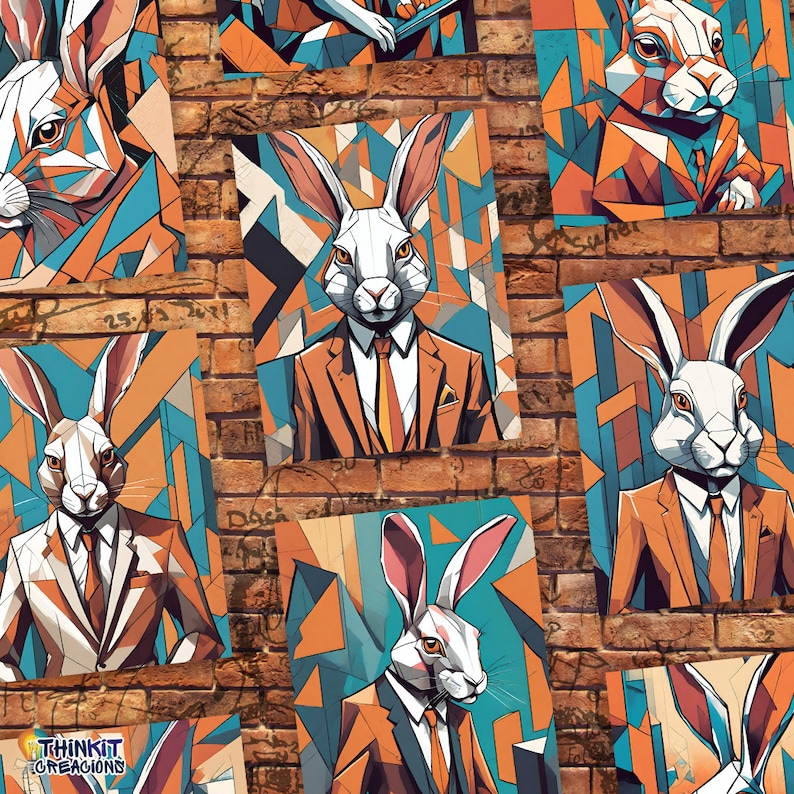 Cubism Rabbit Art Prints Geometric Bunny Wall Decor Cyan and Orange ...