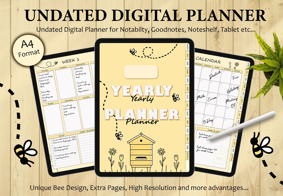 Undated Bee Design Digital Planner Printable A4 Planner, Notability ...