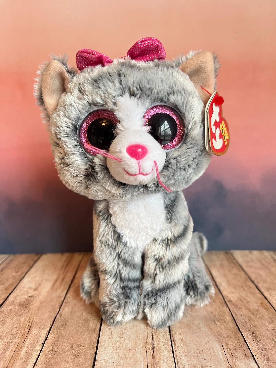 Ty Beanie Boo Kiki the Grey Tabby Cat With Pink Accents 6” NWT MINT ...