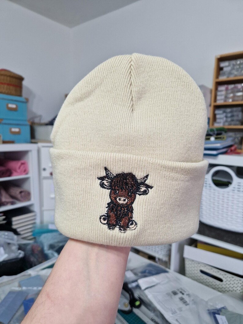 Embroidered Scottish Highland Cow Beanie - Soft Knit Free Delivery More ...