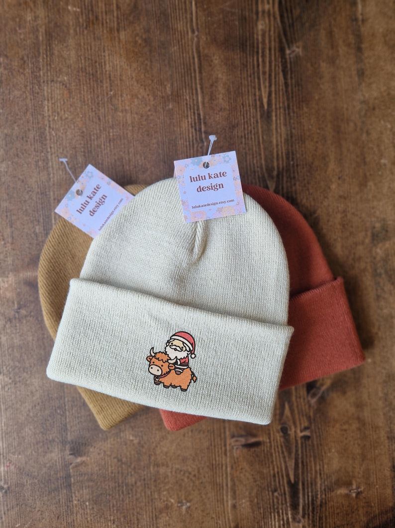 Embroidered Santa Riding a Highland Cow Beanie: Soft Polyacrylic ...