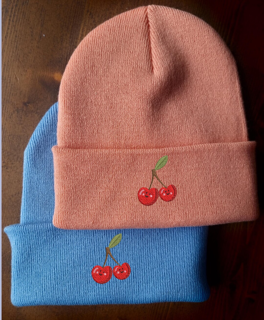 Embroidered Cherry Beanie: Cuffed Polyacrylic Knit - Etsy
