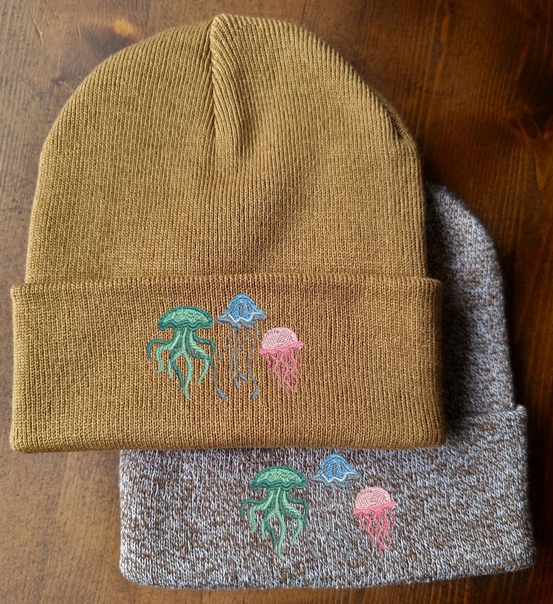 Embroidered Jellyfish Beanie: Cuffed Knit Hat - Etsy