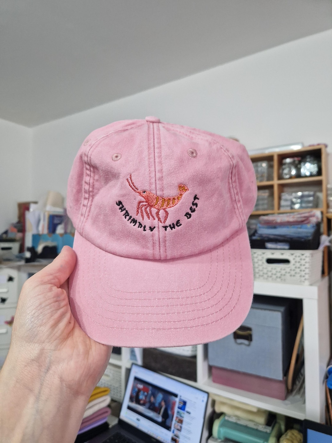 Fun 'shrimply the Best' Shrimp Design Machine Embroidered Vintage Style ...
