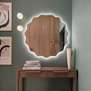 Modern Round Mirror Decor, Circle Wood Bathroom Mirror, Round Aesthetic ...